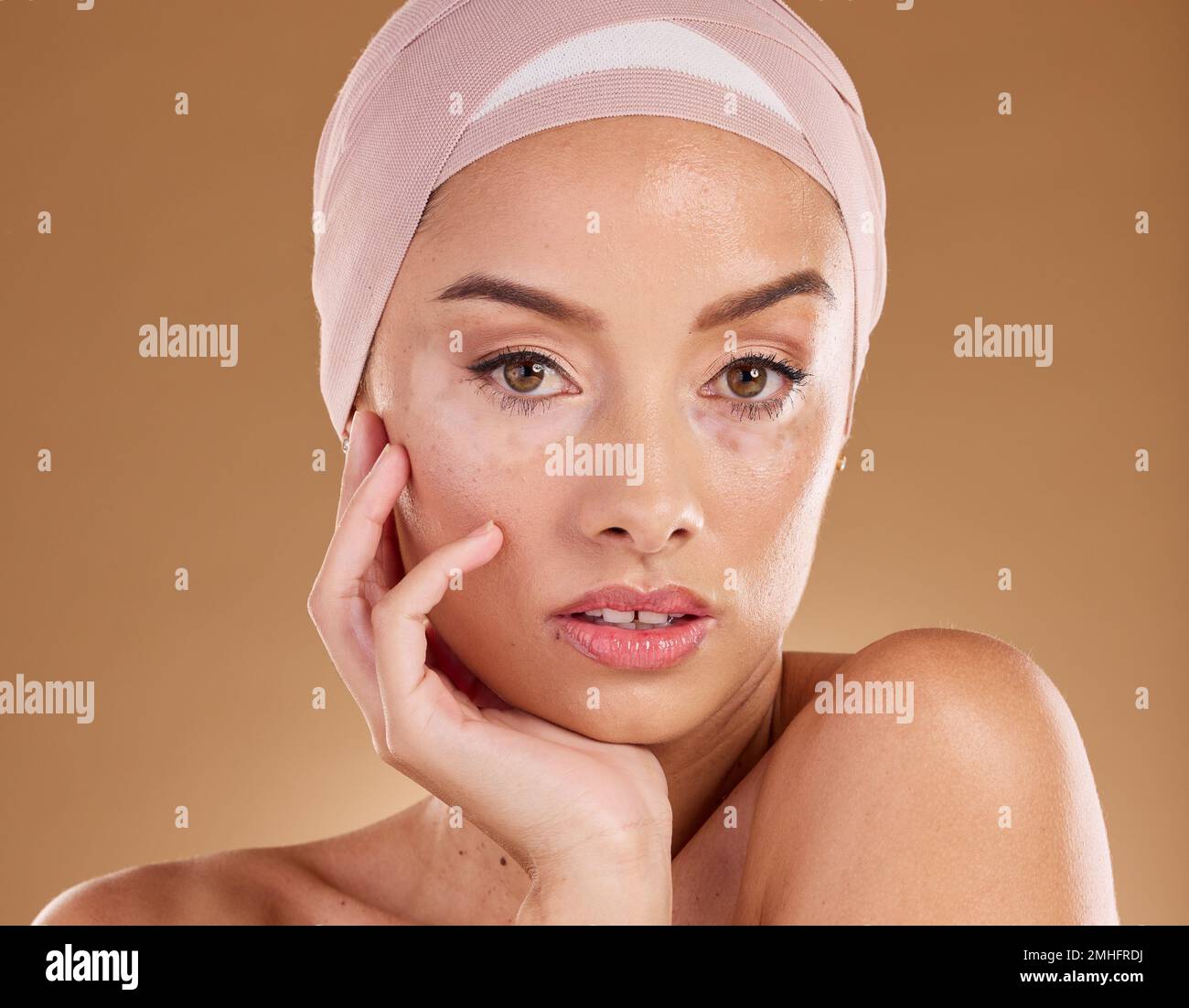 Portrait, woman with face and skincare, vitiligo and natural cosmetics ...