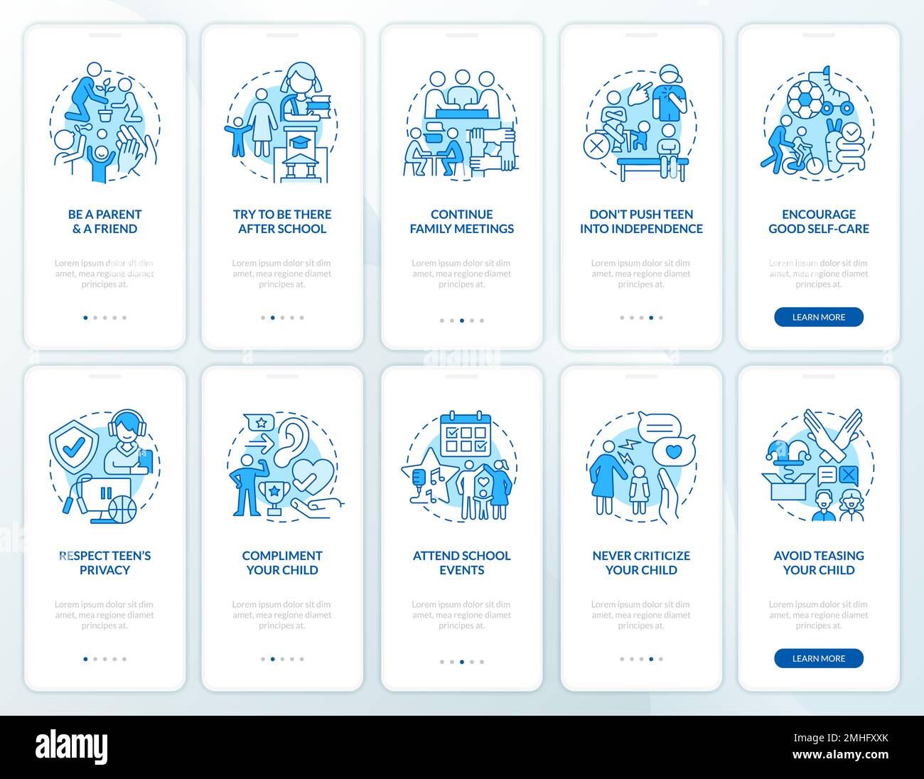 Teen parenting and self esteem blue onboarding mobile app screens set ...