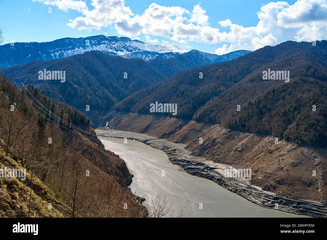 A mountainous landscape with a large dewatered mountain river Stock ...