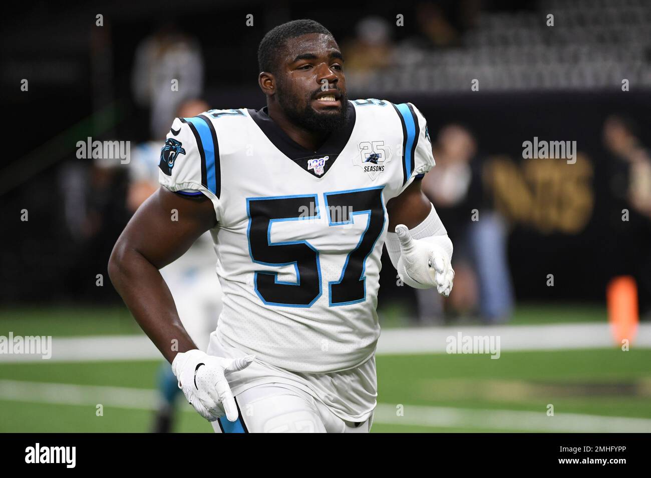 Carolina Panthers linebacker Andre Smith (57) warms up, before an NFL ...