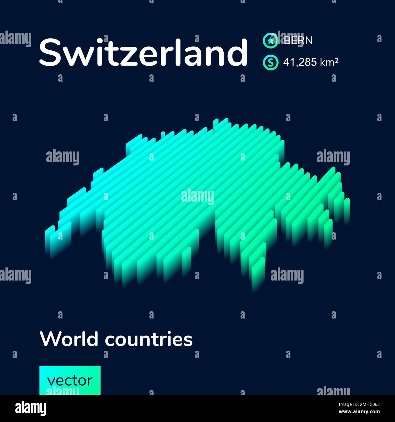 Stylized striped neon isometric vector Switzerland map with 3d effect ...