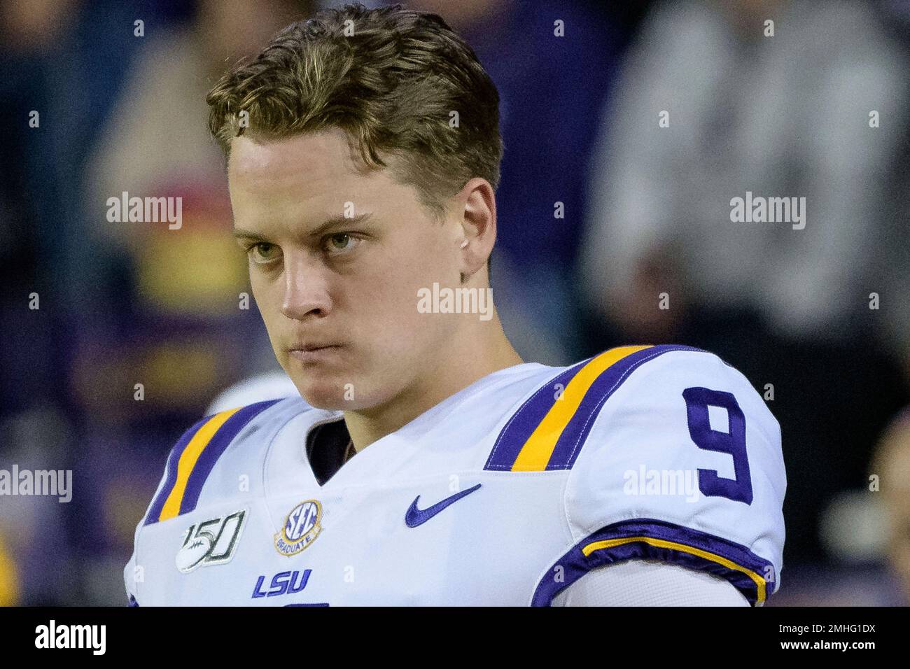 LSU quarterback Joe Burrow (9) watches against Arkansas in an NCAA ...