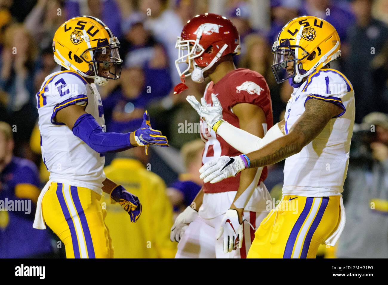 LSU Tigers wide receiver Ja'Marr Chase (1) celebrates a touchdown ...