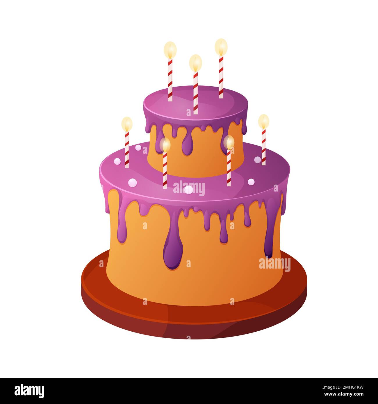 Birthday cake on wooden plate with pink cream, drip, candles ...