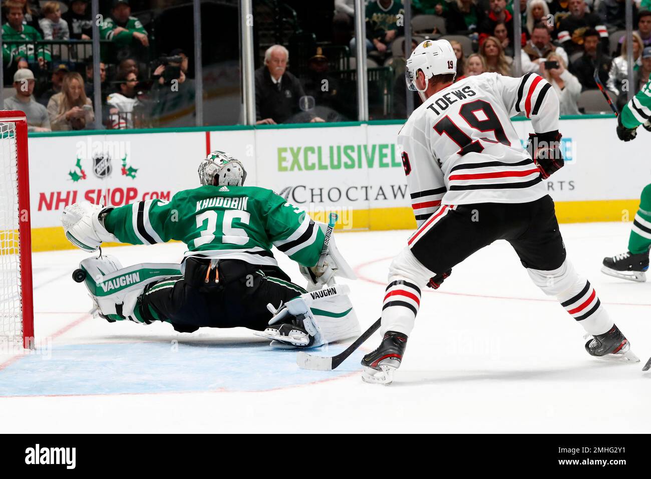 Dallas Stars goaltender Anton Khudobin (35) blocks a shot as Chicago ...