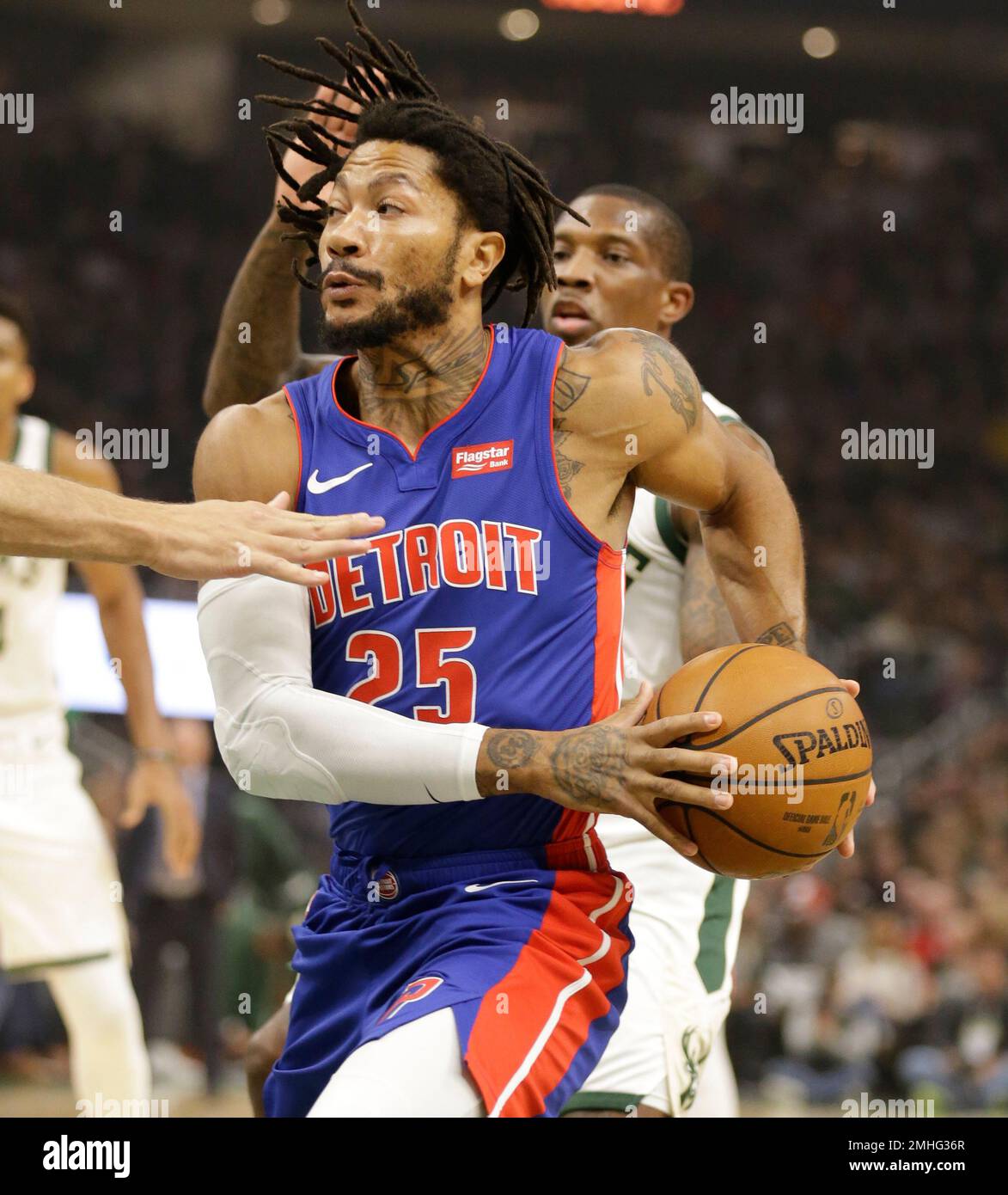 Detroit Pistons' Derrick Rose drives against the Milwaukee Bucks during ...