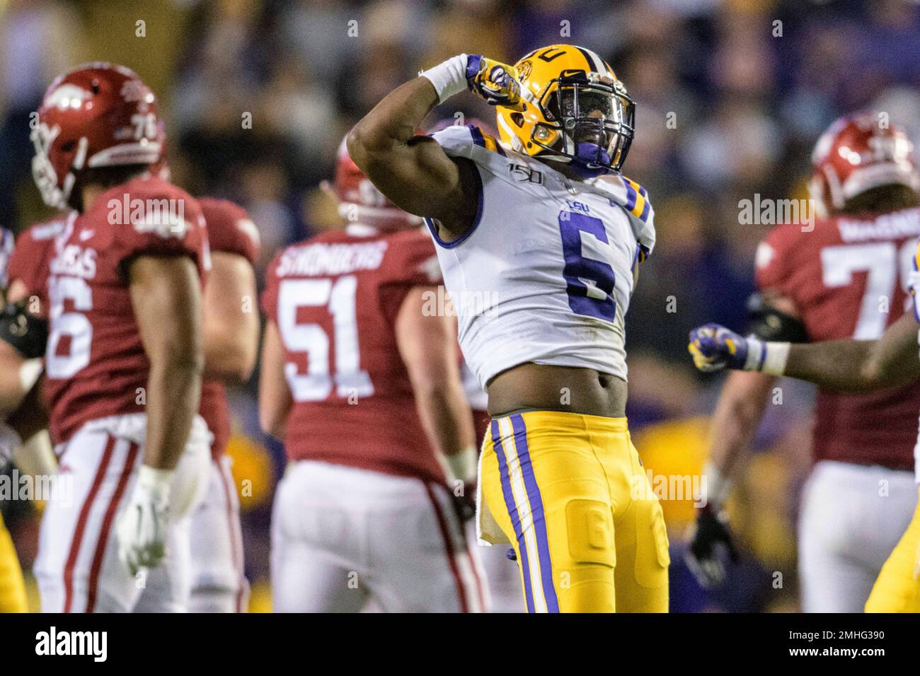 LSU linebacker Jacob Phillips (6) celebrates a sack of Arkansas ...