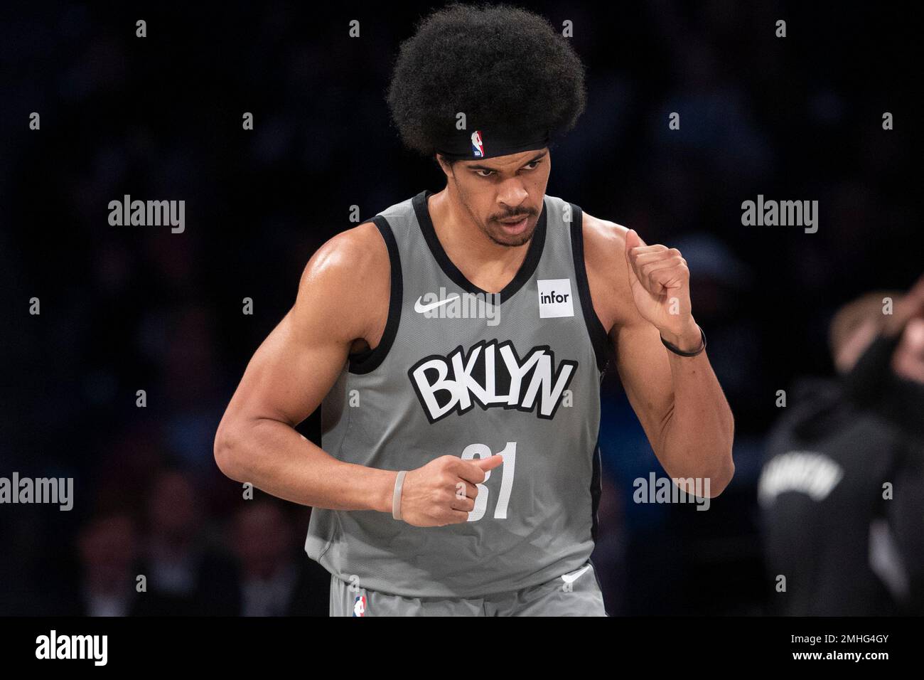 Brooklyn Nets center Jarrett Allen reacts after scoring during the ...