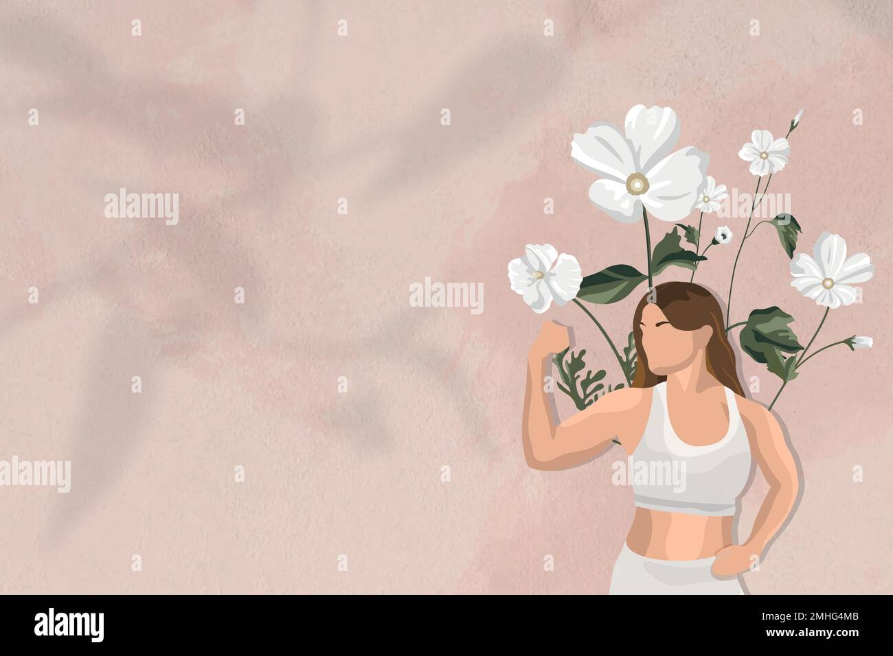 Flexing muscles border vector background with floral yoga woman ...