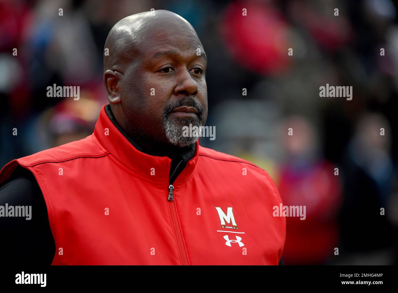 Maryland head coach Mike Locksley looks on prior to an NCAA college ...