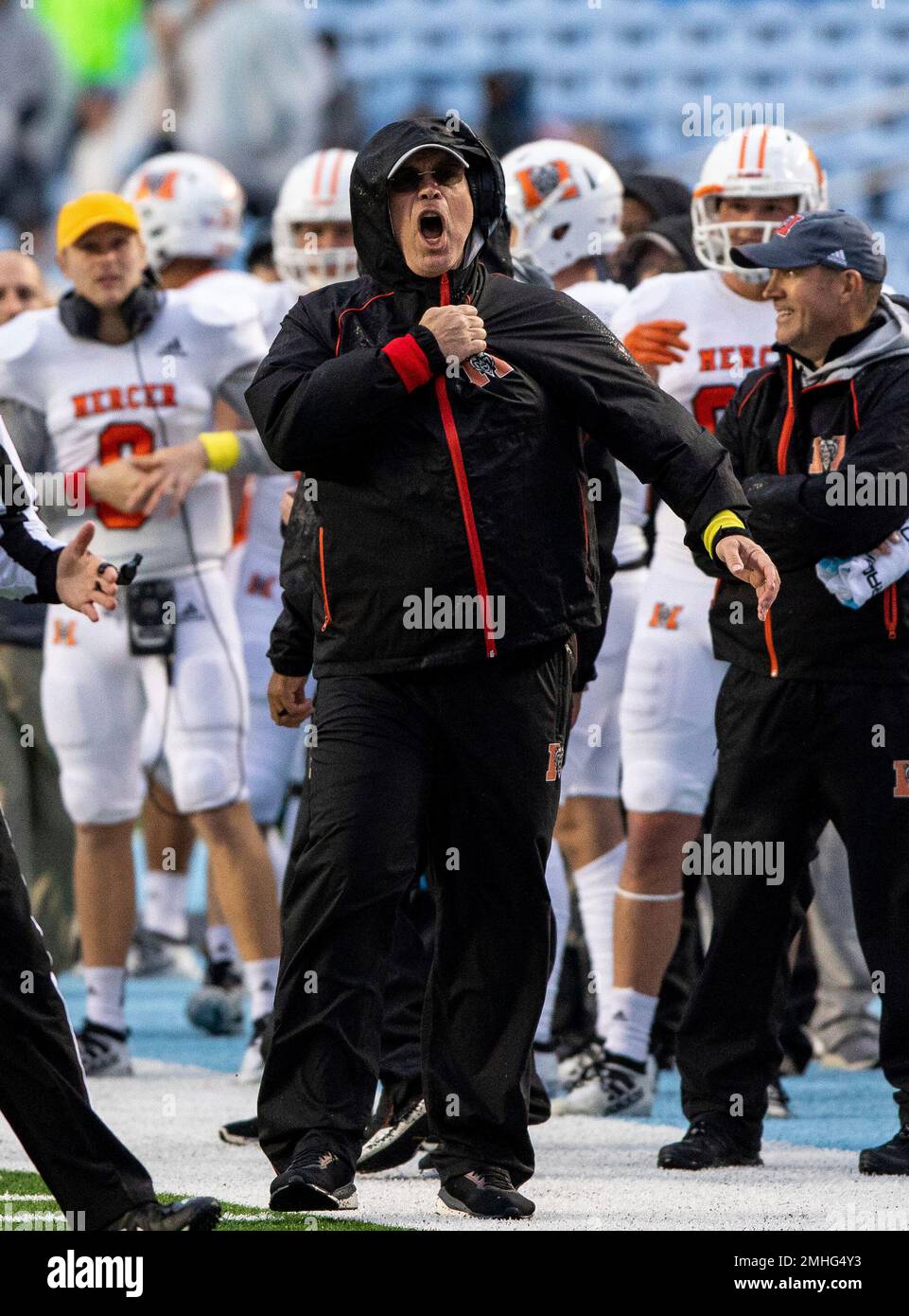 Mercer head coach Bobby Lamb shouts at an official after a play during ...
