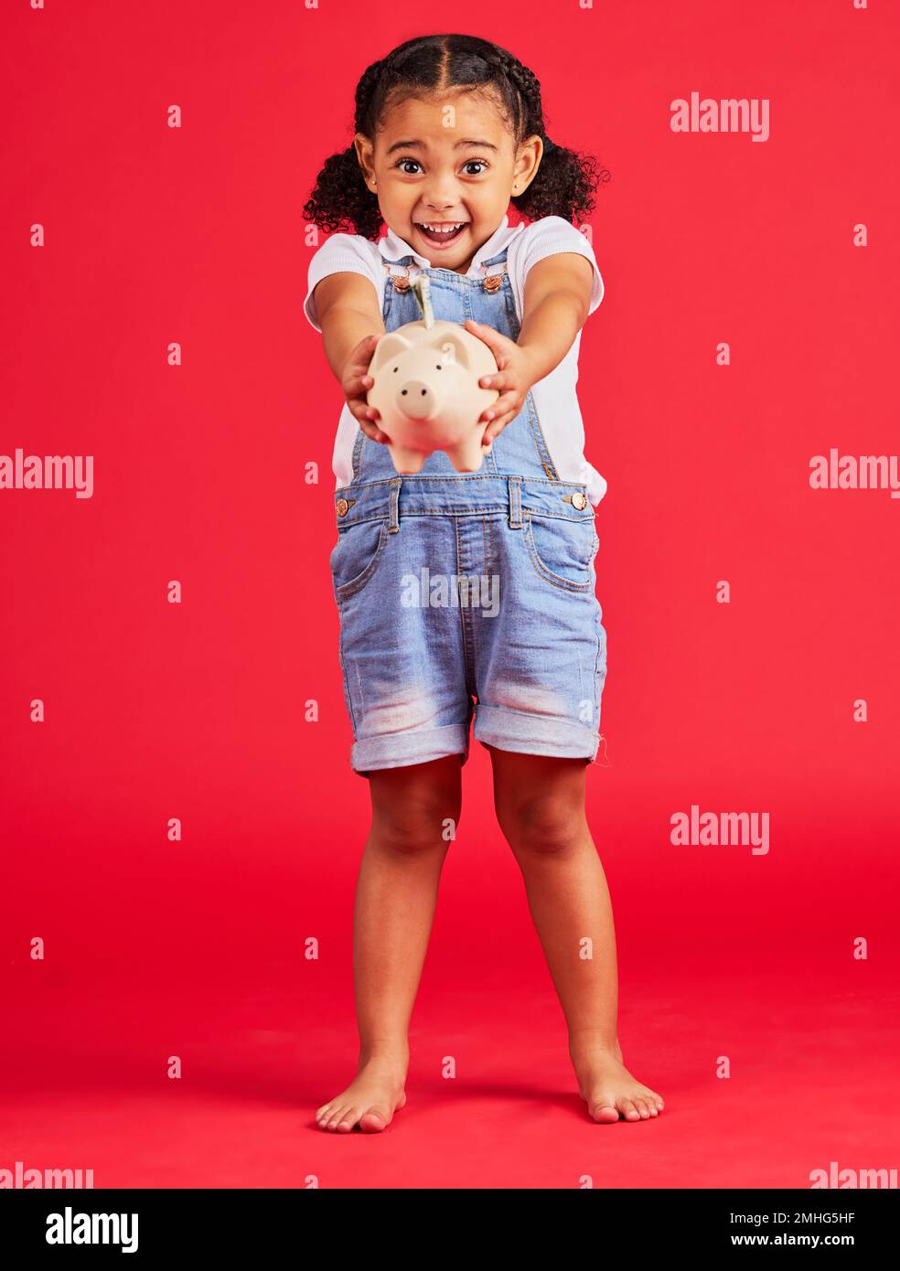 Excited kid, portrait or piggy bank success in money planning, savings ...