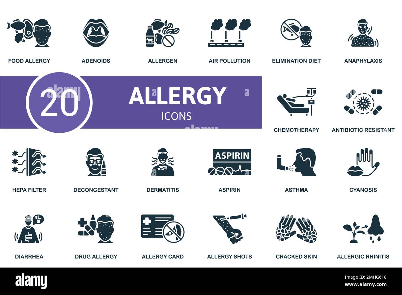 Allergy icon set. Monochrome simple Allergy icon collection. Food Allergy, Adenoids, Allergen ...