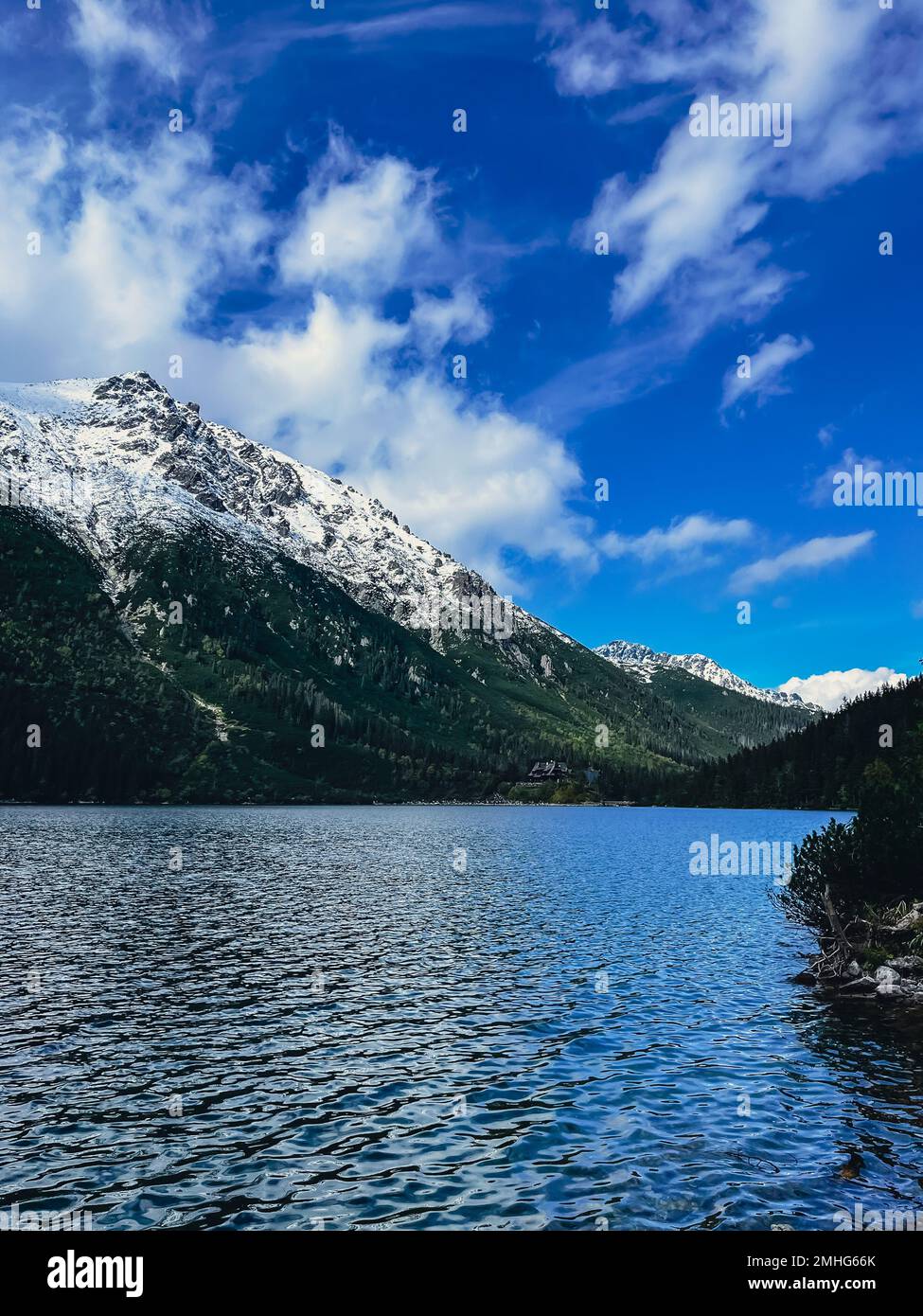 Morskie Oko lake Snowy Mountain Hut in Polish Tatry mountains, Zakopane ...