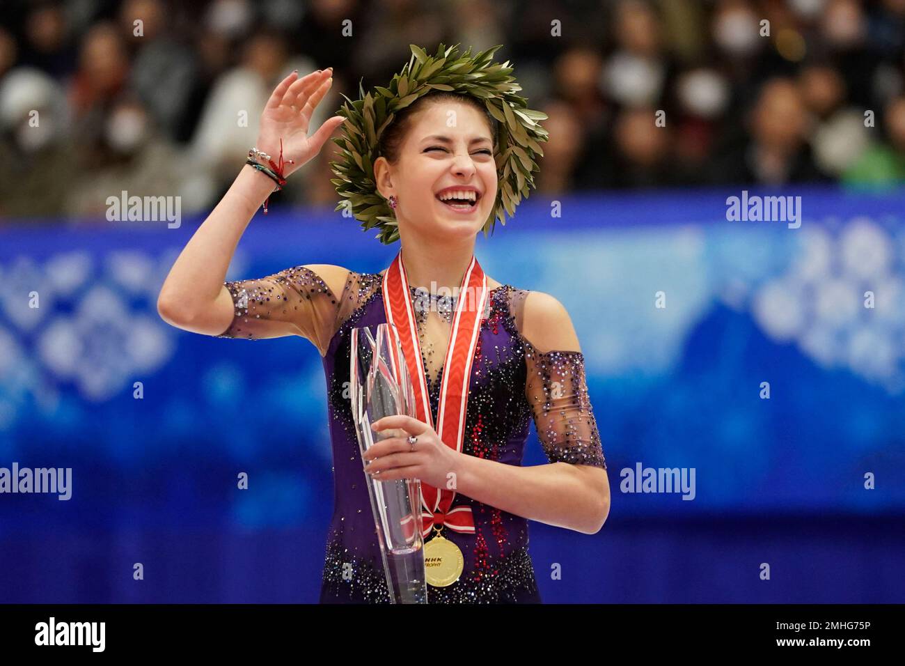 Gold medalist Alena Kostornaia of Russia reacts as she poses with her ...