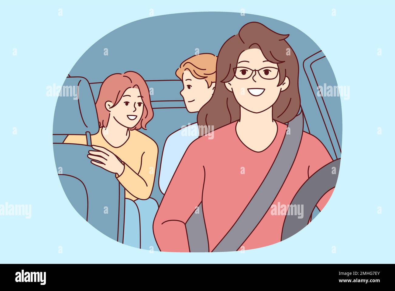 Woman drives car with teenage children in passenger seat, giving them ...