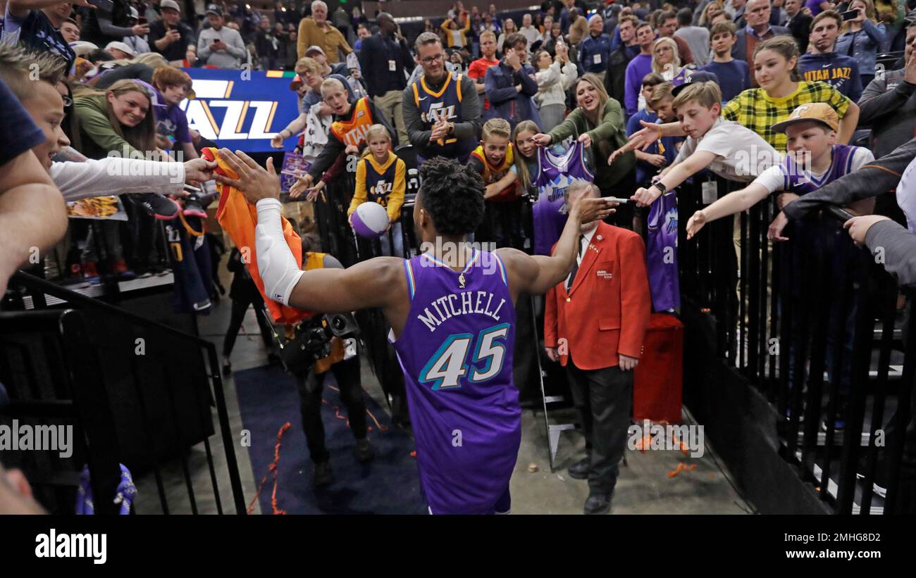 Utah Jazz guard Donovan Mitchell (45) walks off the court following the ...
