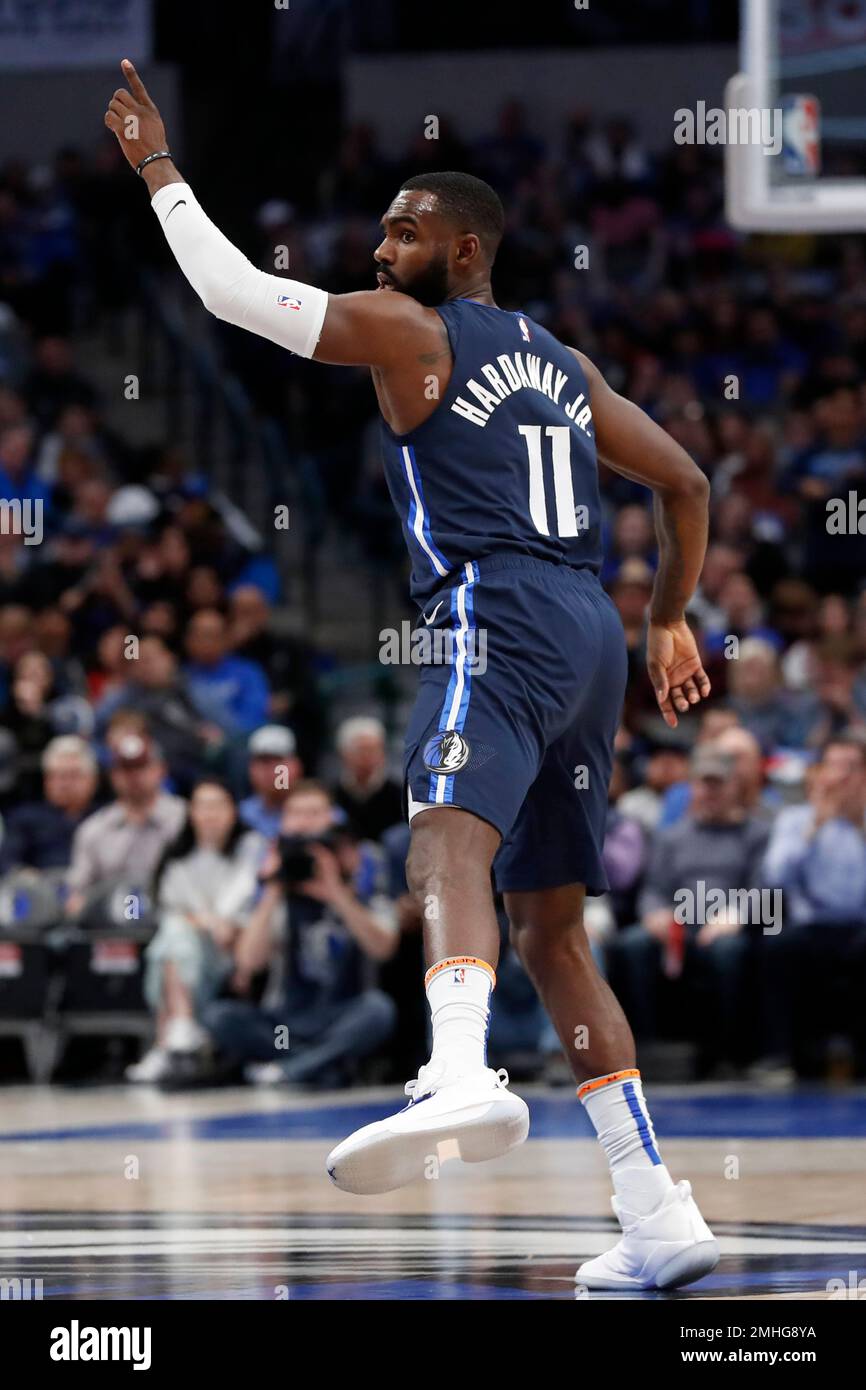 Dallas Mavericks guard Tim Hardaway Jr. (11) celebrates sinking a three ...