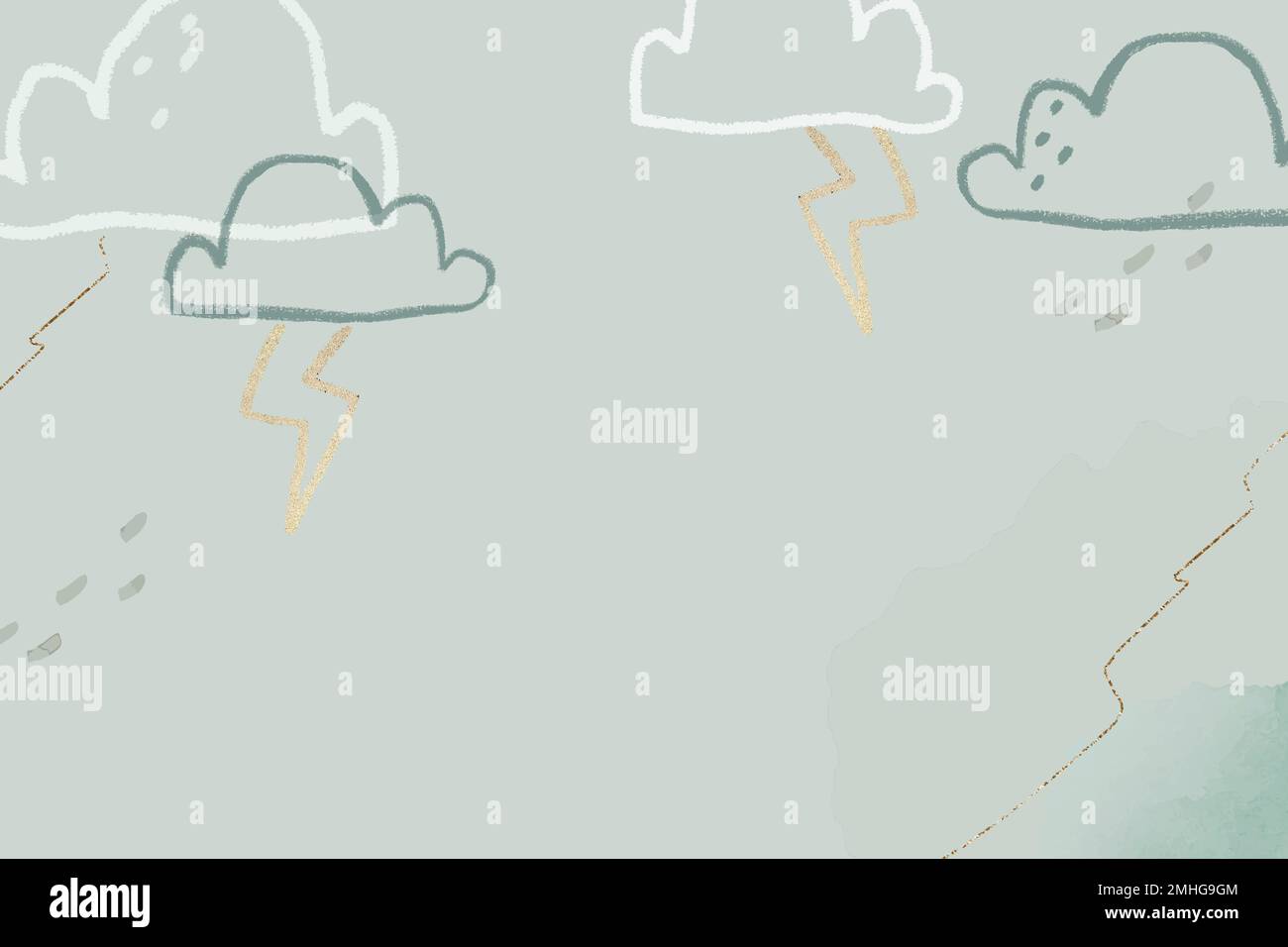 Thunder clouds background vector in green with glittery cute doodle ...