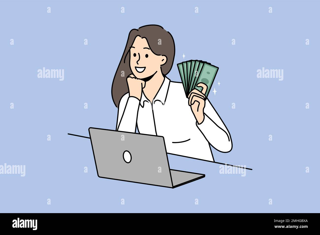 Smiling young woman sit at desk work on computer online ear money ...