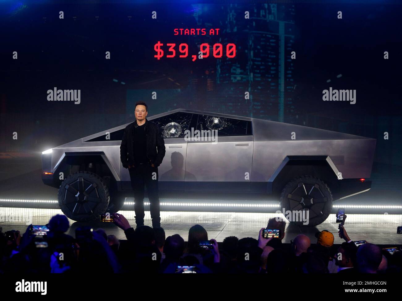 Tesla CEO Elon Musk introduces the Cybertruck at Tesla's design studio ...