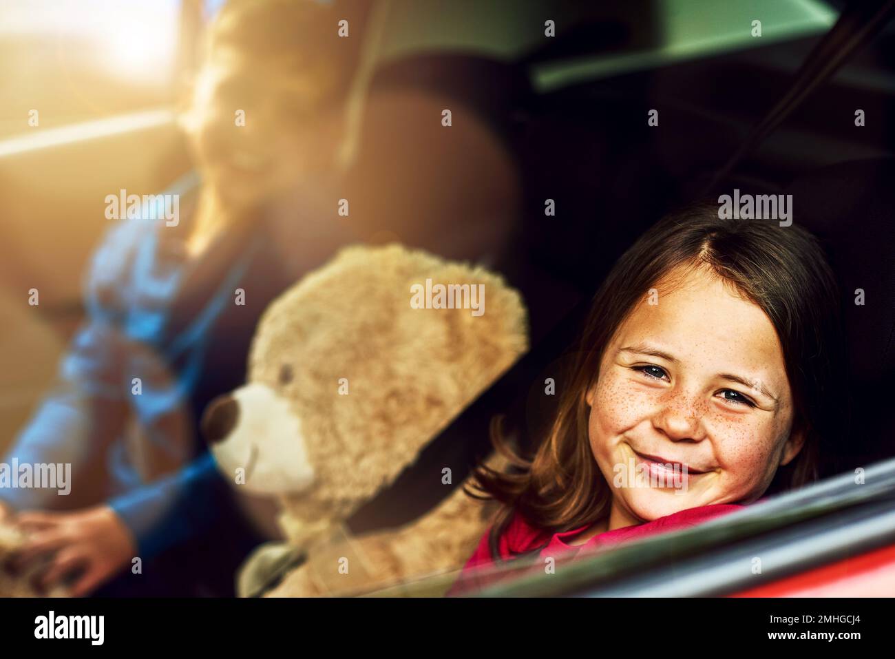 Safe and snug in the backseat. Portrait of two happy children safely ...