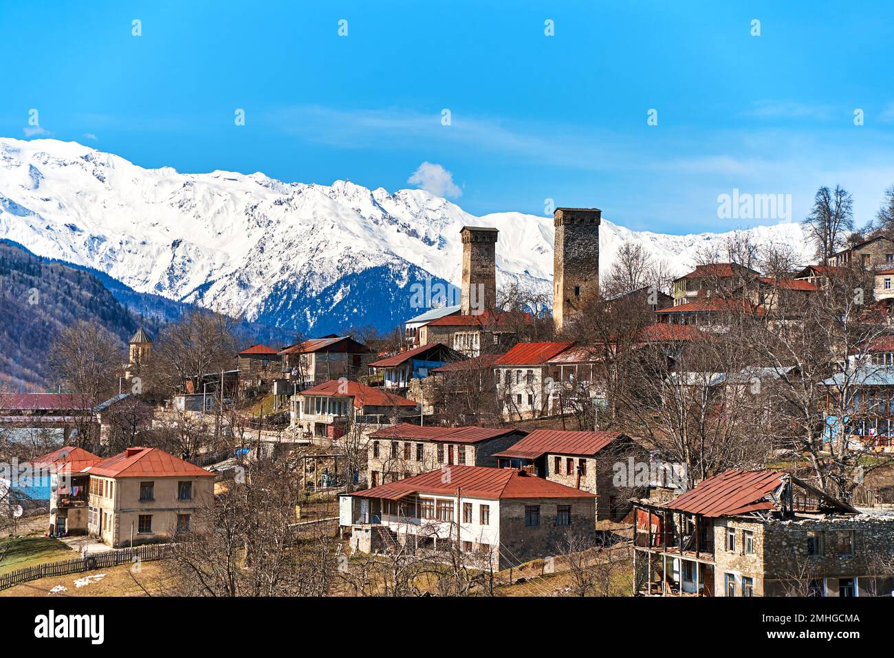 Landscape view of the town of Mestia in the Sakartvelo Mountains. The ...
