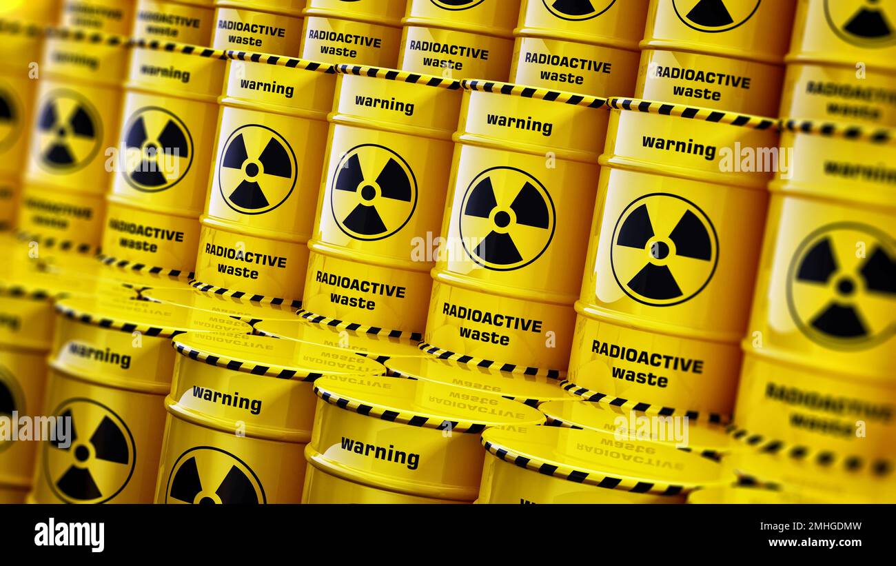 Stack of yellow radioactive barrels with warning signs. 3D illustration ...