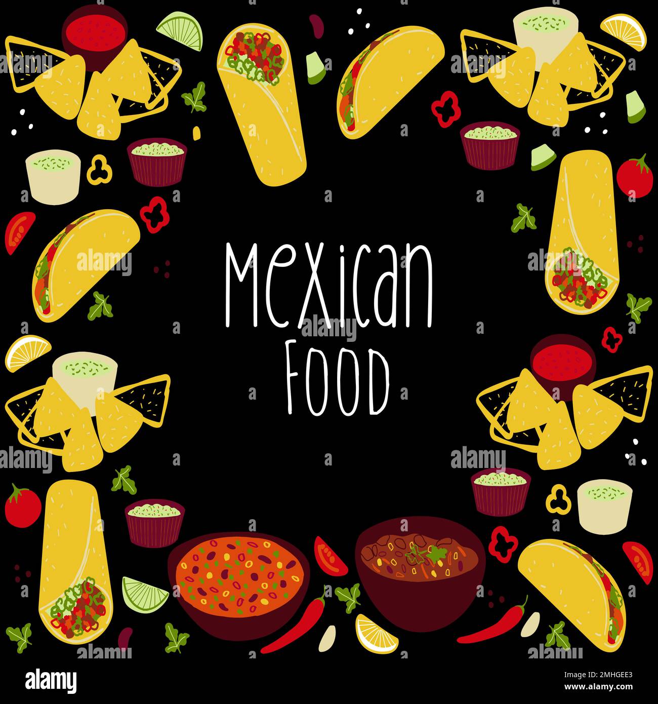 Frame background with illustration Mexican food Tacos, Burrito, Chili ...