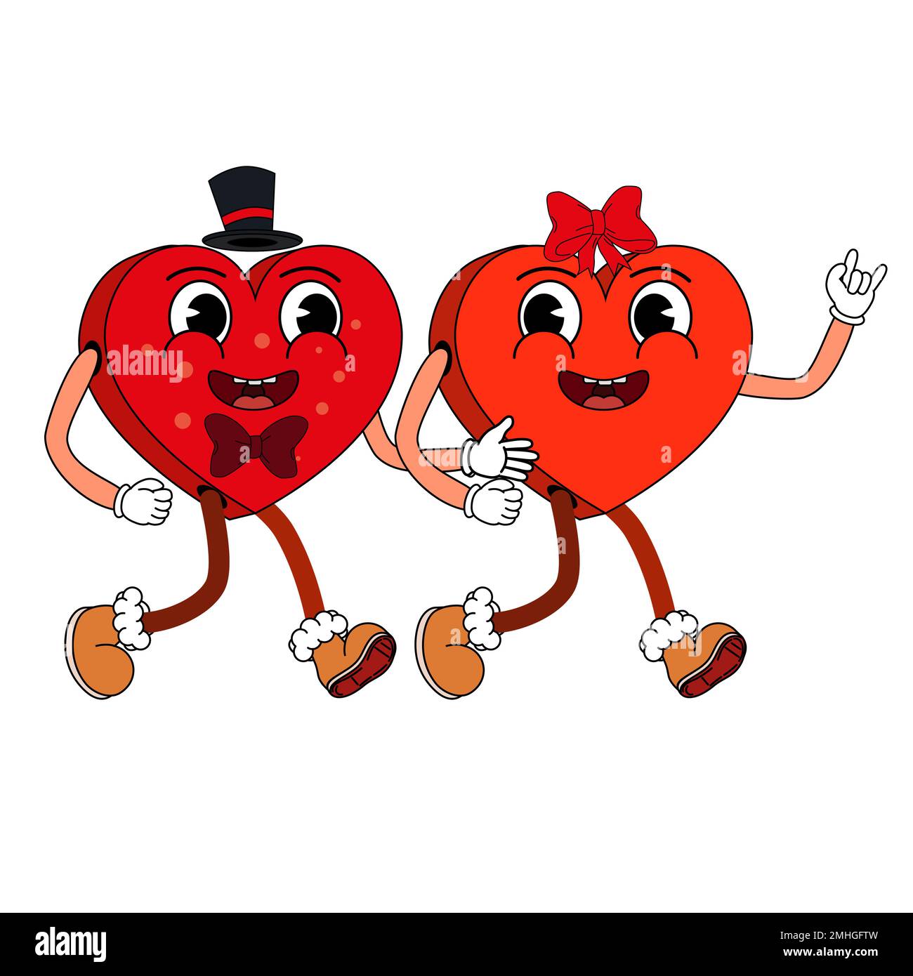 Groovy Valentine Day couple heart characters icon sticker set trendy ...