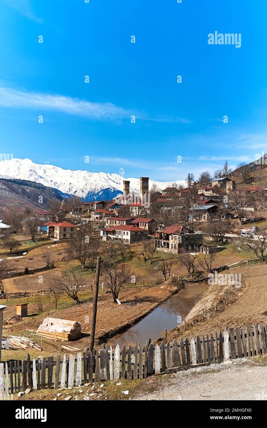 Landscape view of the town of Mestia in the Sakartvelo Mountains. The ...