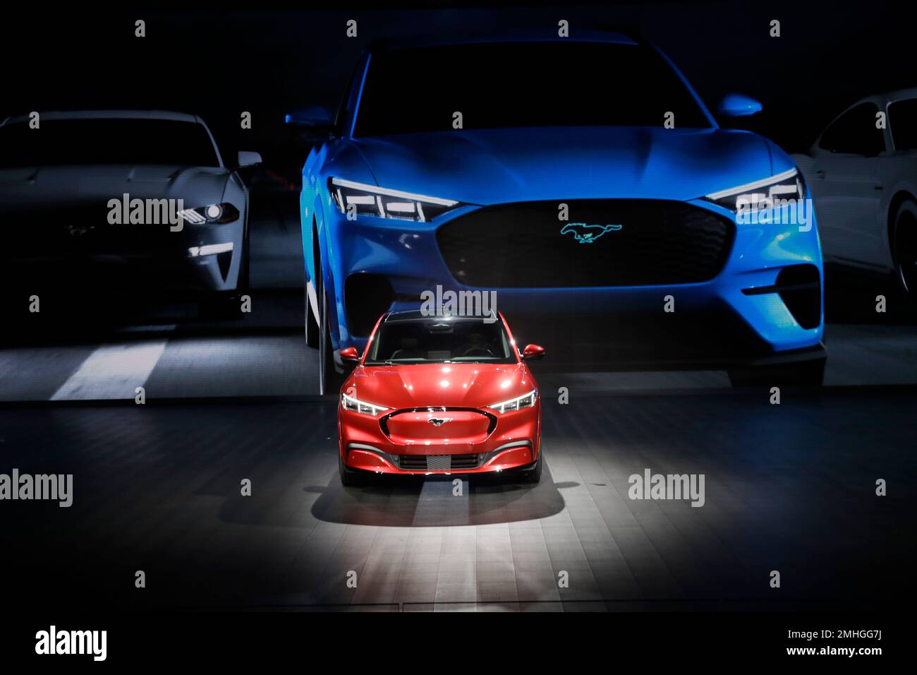 The 2021 Ford Mustang Mach-E electric SUV is shown at the AutoMobility ...