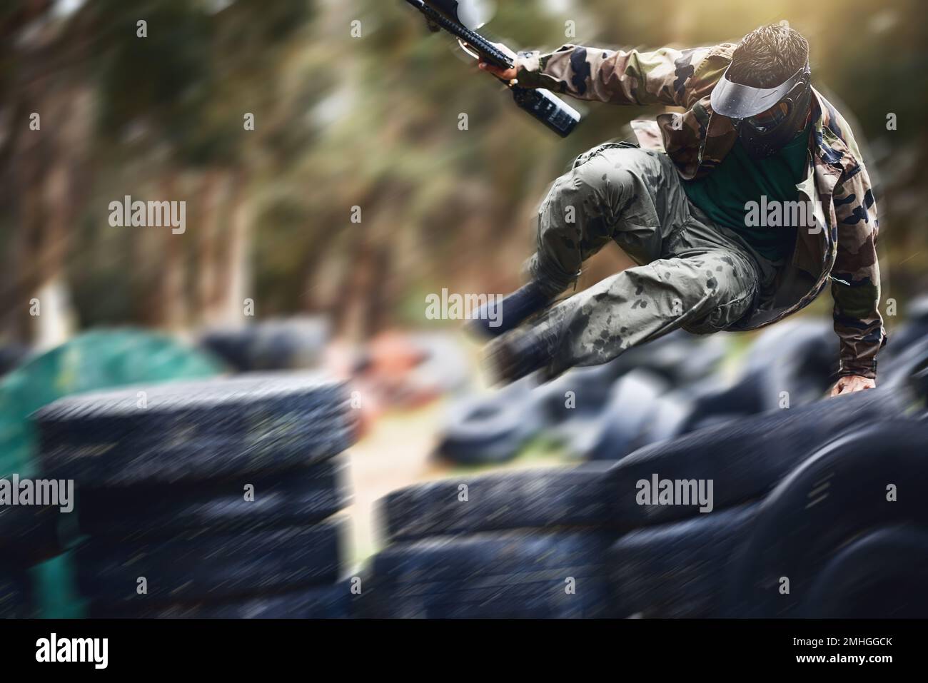 Fast, moving and man playing paintball with action, military clothes ...