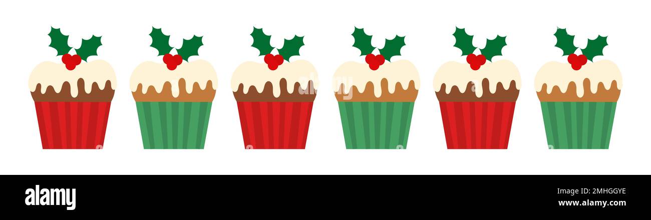 Christmas cake pudding with holly berries decoration border ...