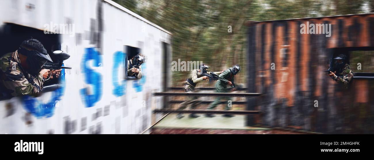 Paintball, gun or people running in a shooting game with fast action on ...