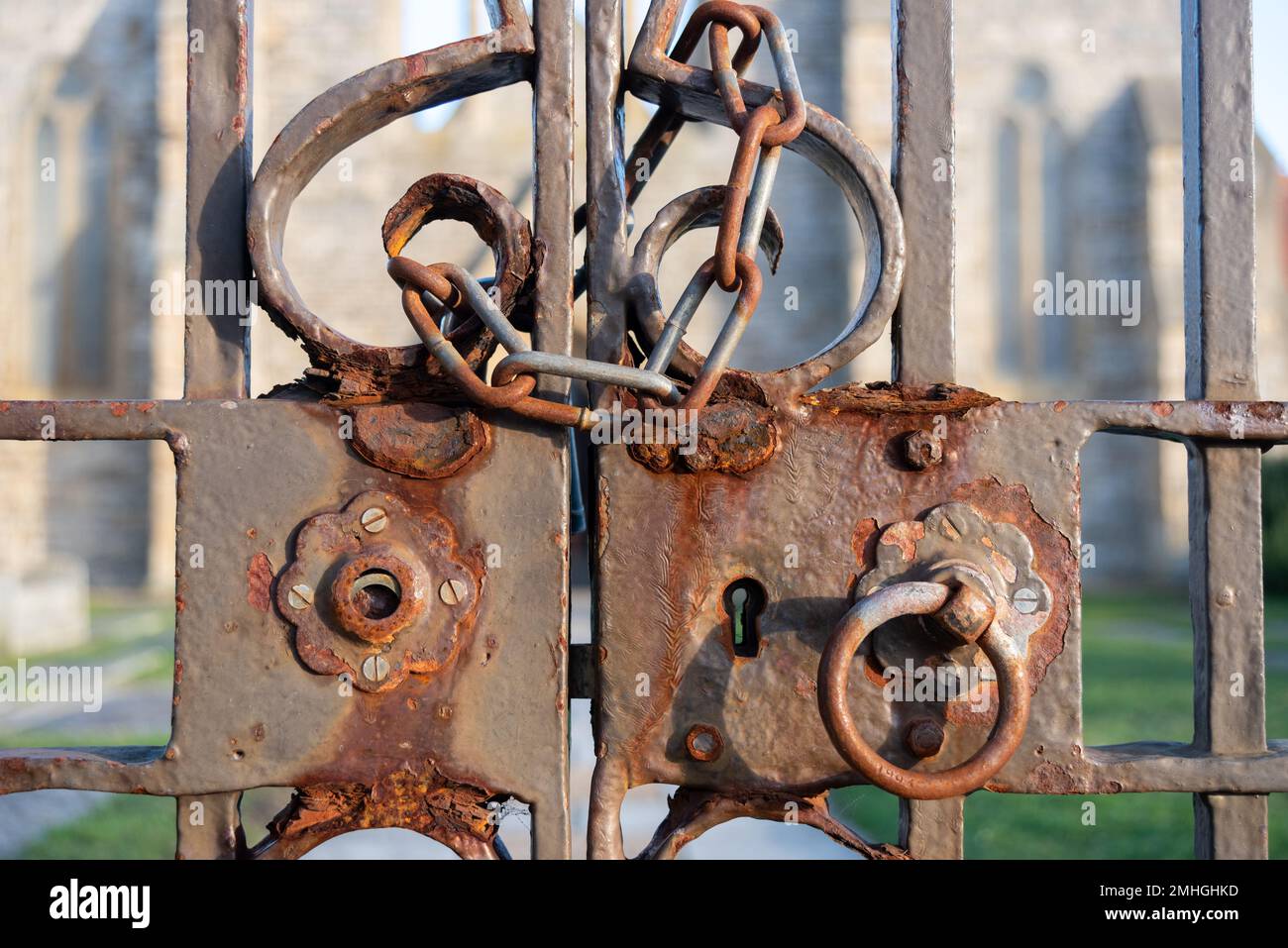 Old and rusty metal gate with chains lock. Showing texture of ...