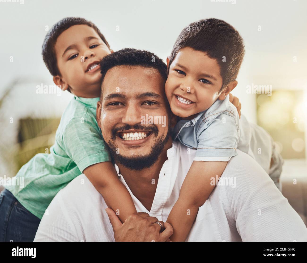 Family, portrait and children hug father with smile, happiness outdoor ...