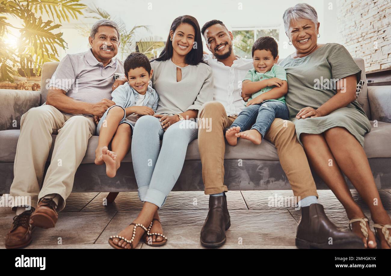 Family, generations and grandparents with parents and children in ...