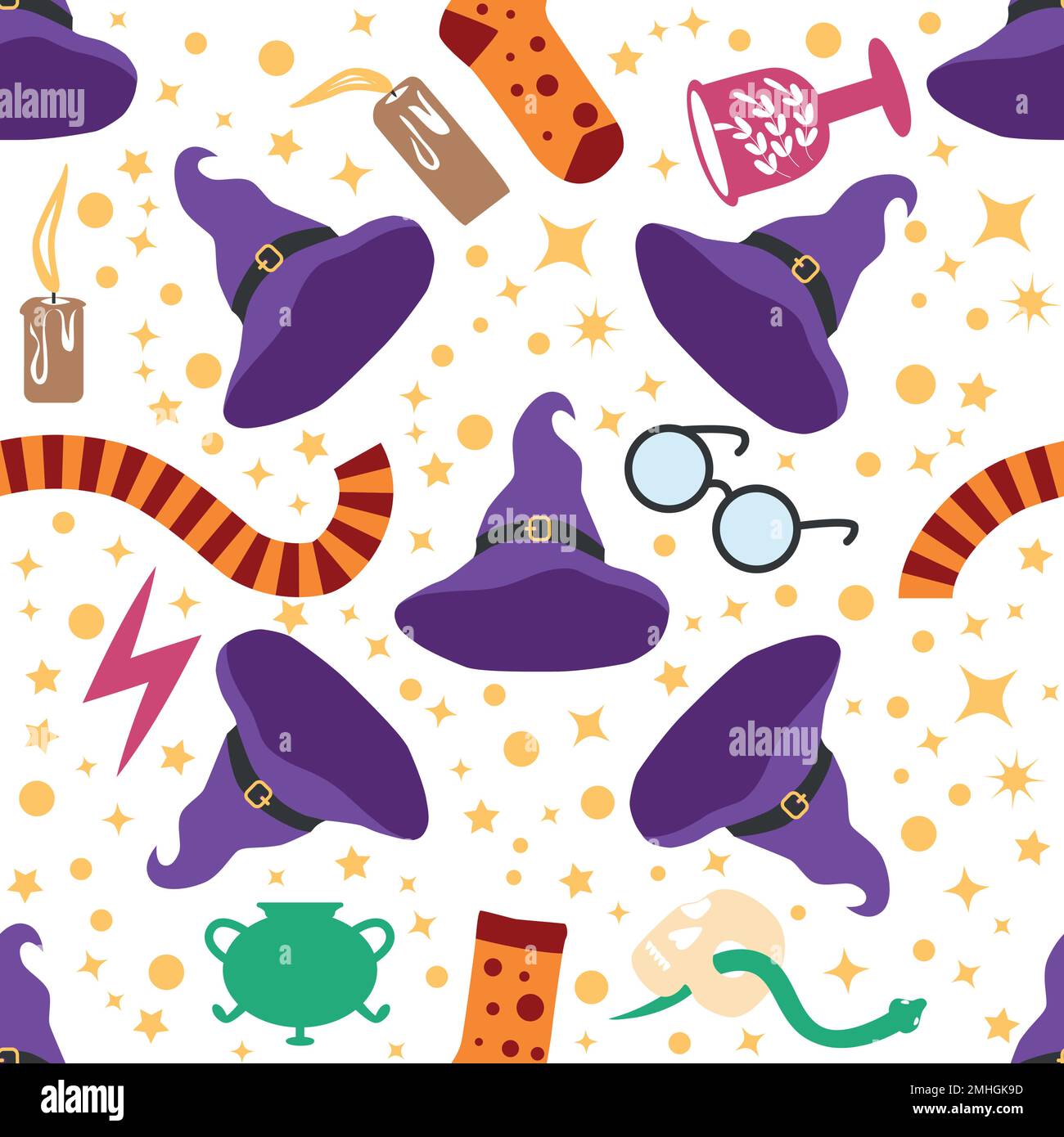 Witches school of magical objects seamless pattern in flat style. Broom ...