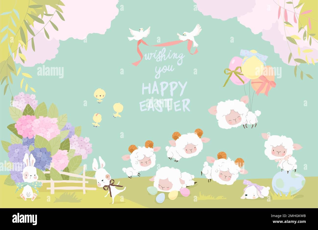Cute Cartoon Lambs and Bunnies celebrating Easter on Spring Meadow ...