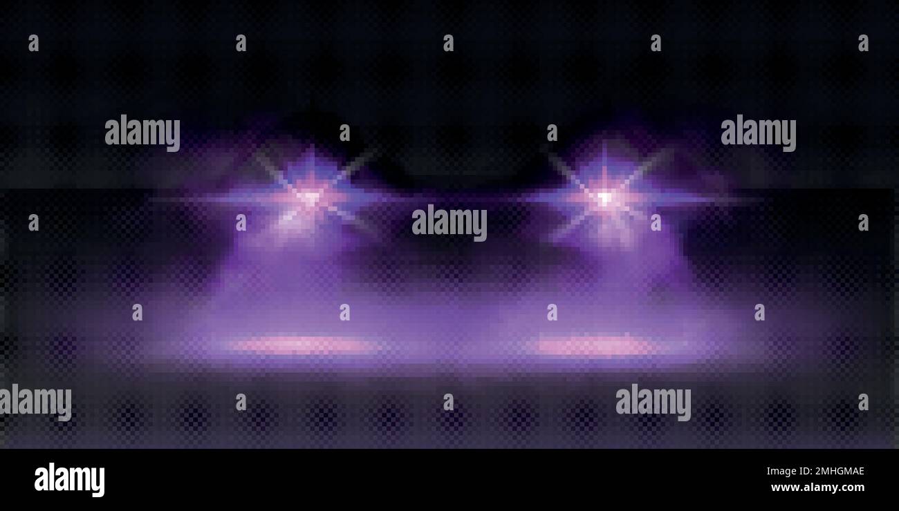 Front car lights in fog at night. Automobile led headlights effect with ...