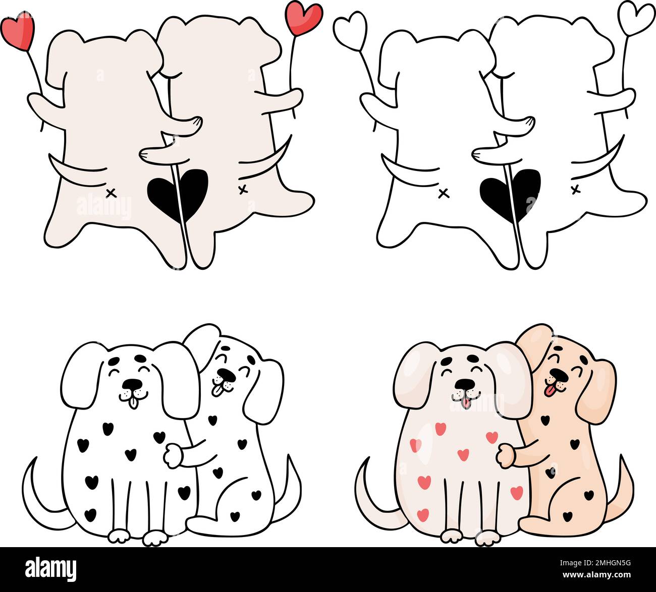 Loving dogs. Romantic pets with heart and cute hugging puppy. Vector ...