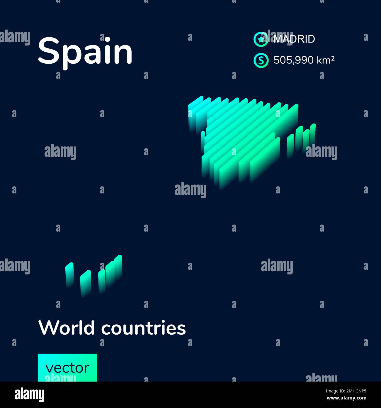 Spain 3D map. Stylized isometric neon striped Map is in green colors on ...