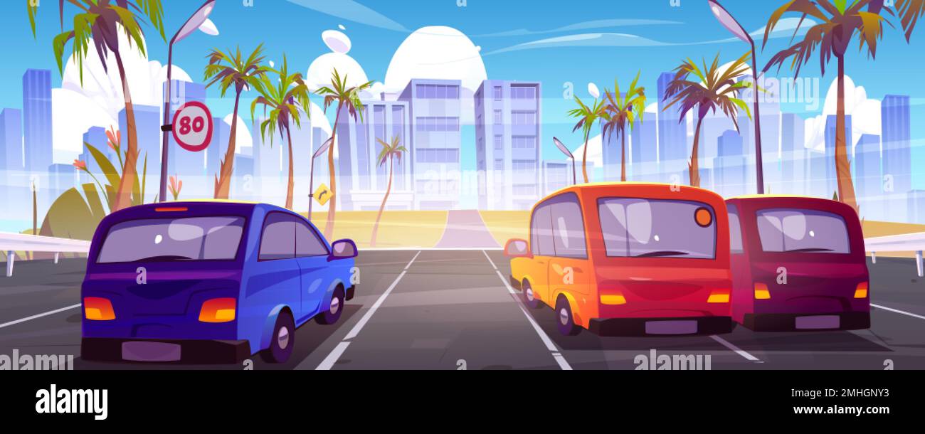 Cars on road in tropical summer city. Cartoon vector illustration of ...