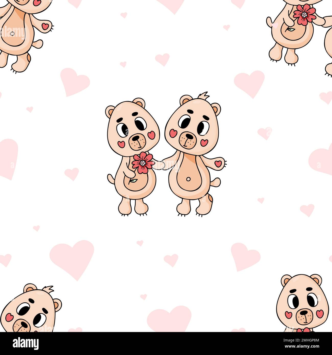 Romantic seamless pattern with cute teddy bears with flower on white ...