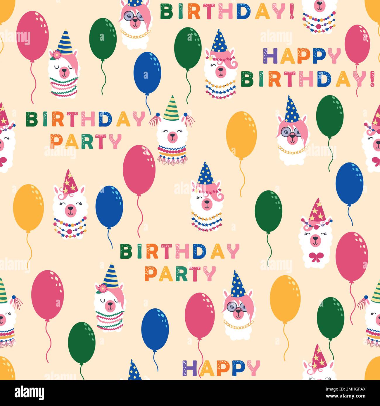 Seamless pattern with llama, alpaca faces. Birthday theme. Caps ...