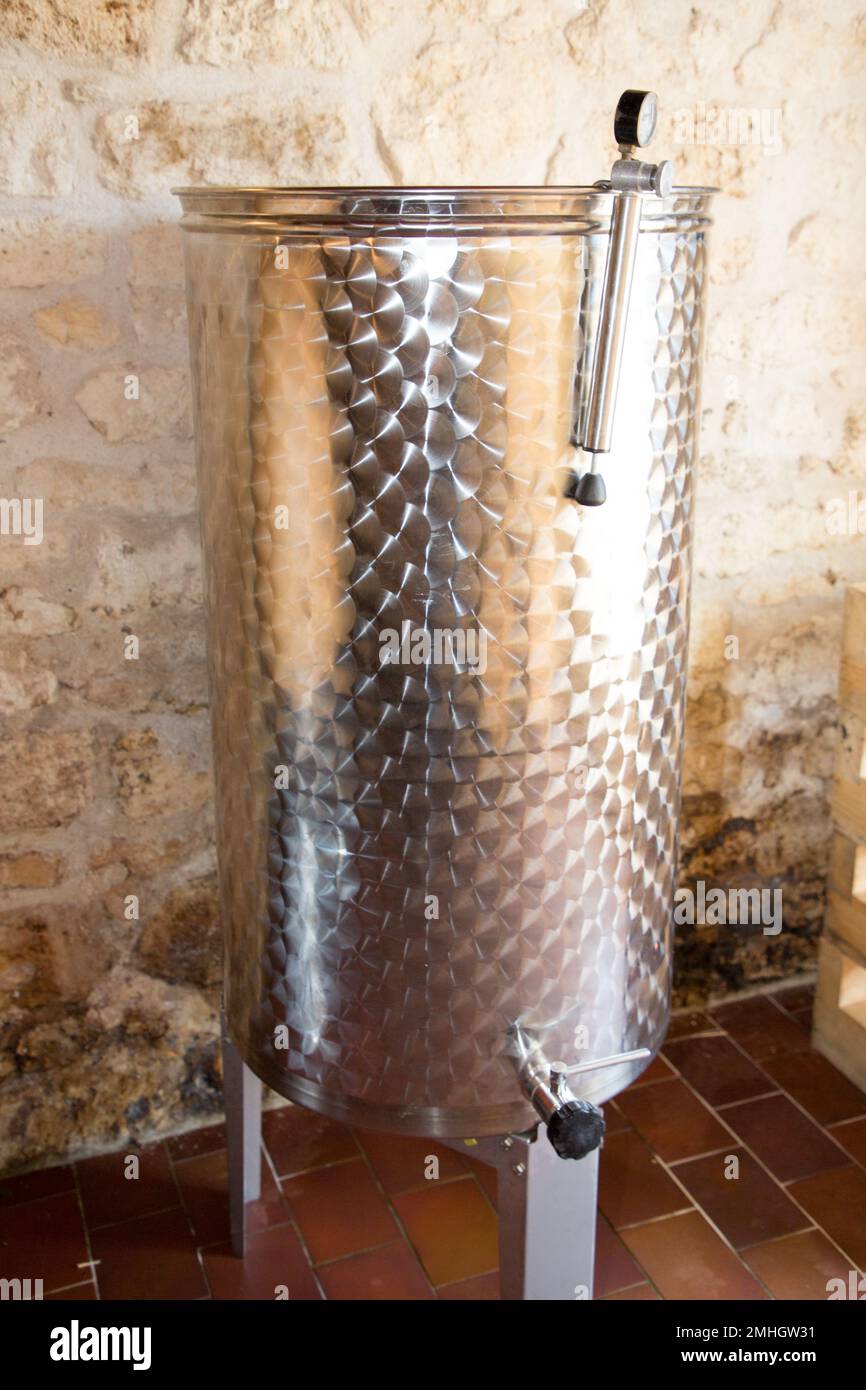 Steel tank barrel for wine fermentation in winemaker factory Stock ...