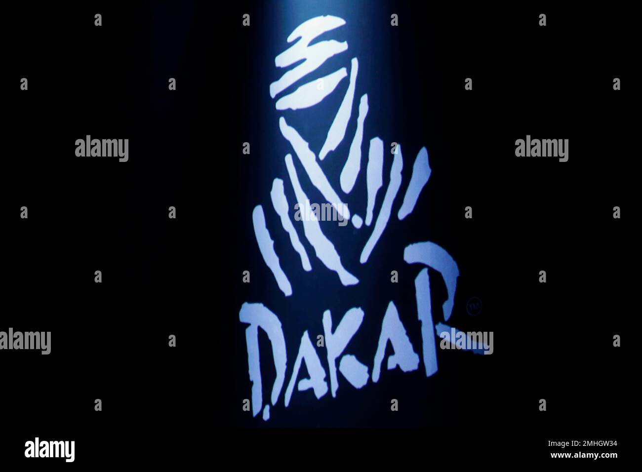 The logo of the Dakar Rally appears on a screen during the prÃ ...