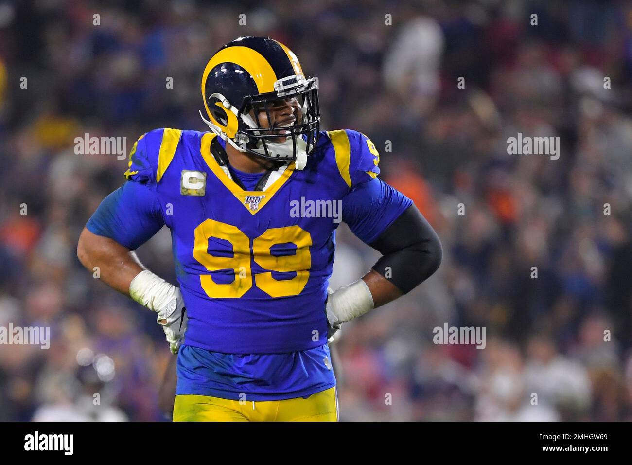 Los Angeles Rams defensive tackle Aaron Donald celebrates a sack during ...