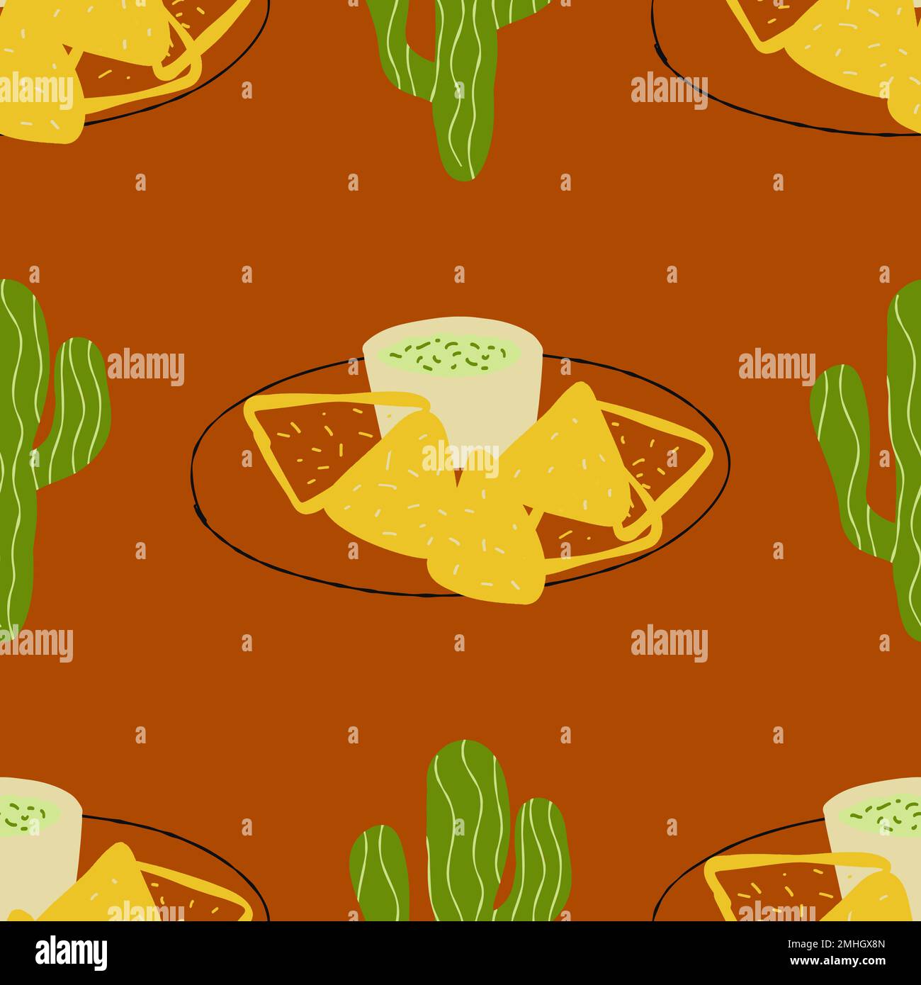 Seamless pattern with traditional Mexican food nachos with guacamole ...